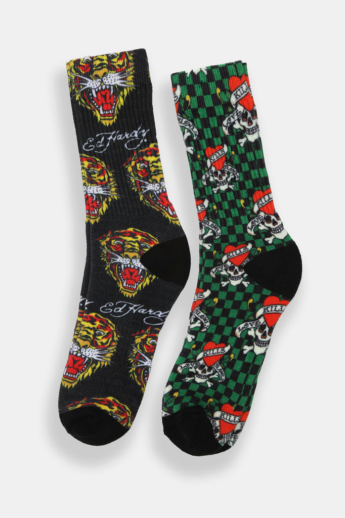 Ed Hardy Mens Tigers & Skulls Crew Socks 2-Pack – Amnesia